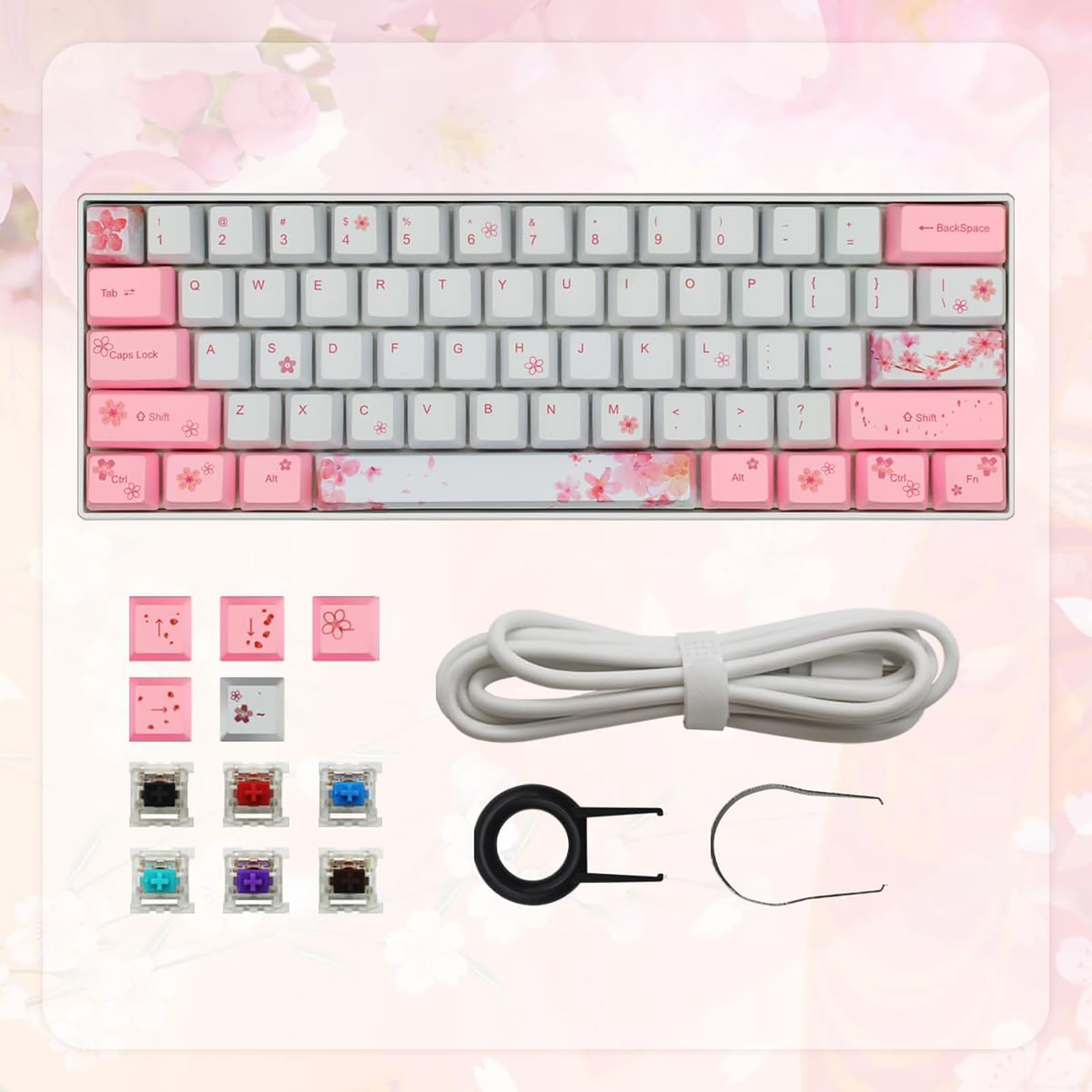ZMX Cherry Blossom Pink Mechanical Gaming Wired Keyboard,61 Keys Mini OUTEMU (Gaote) Hot Swappable Heat Sublimated PBT Type-C Ergonomic Design Gaming Keyboard for Windows/Mac/Android (Black Switch)