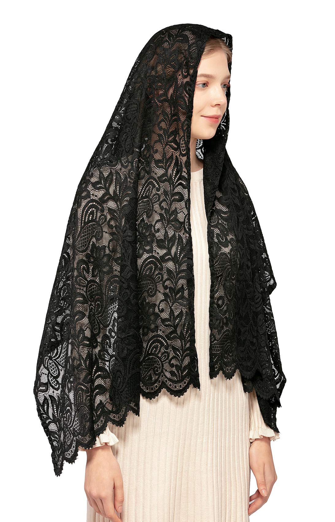 Wgior Rectangular Chapel Veil Scarf Catholic Church Veils Mantilla Wrap Shawl Mass Head Covering (Black)