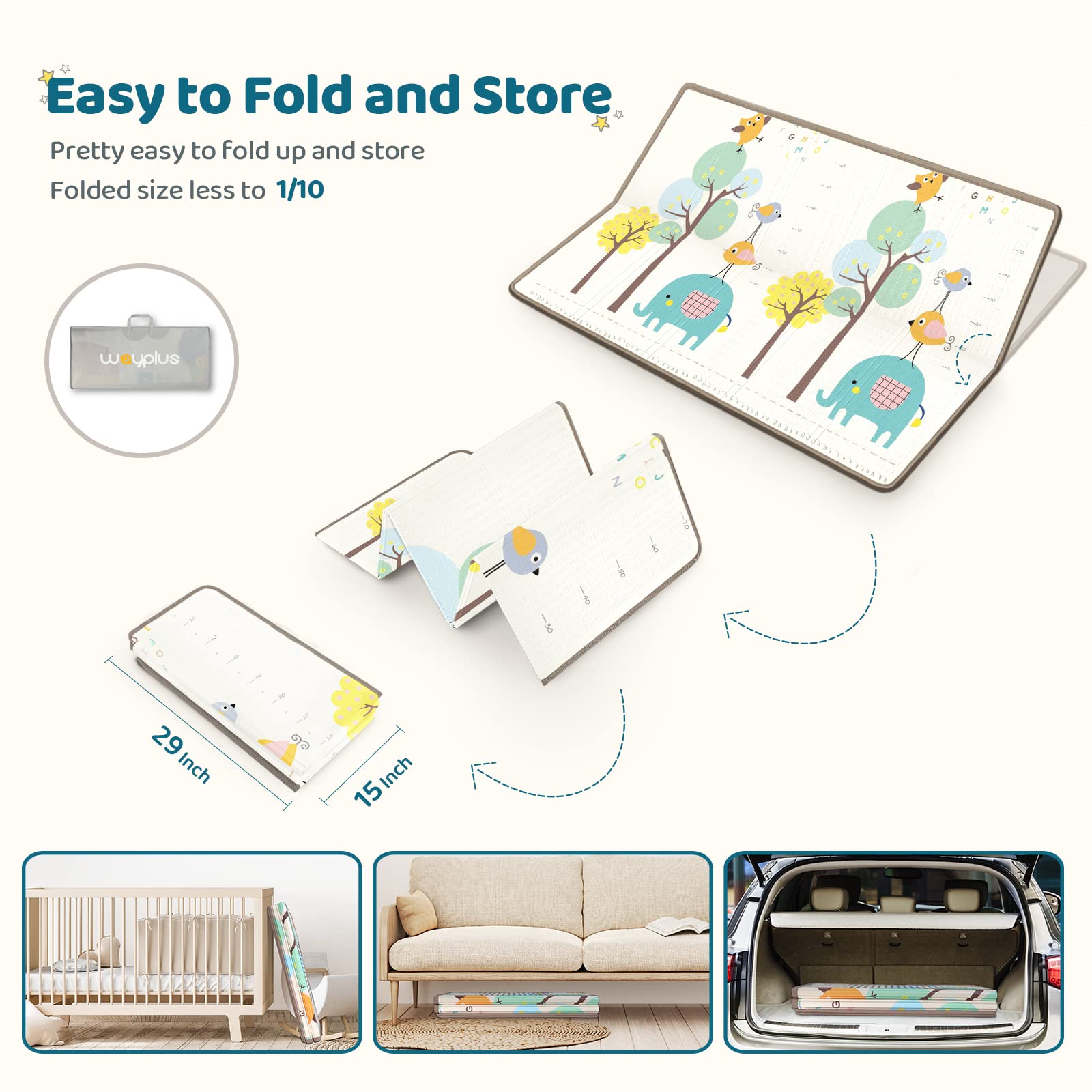 WAYPLUS Baby Play Mat, Extra Large & Thicked Reversible Folding Baby Playmat for Floor, Durable Wipe Clean Waterproof XPE Foam with Edge Reinforcement Play Mat, Anti Slip Soft Crawling Mat