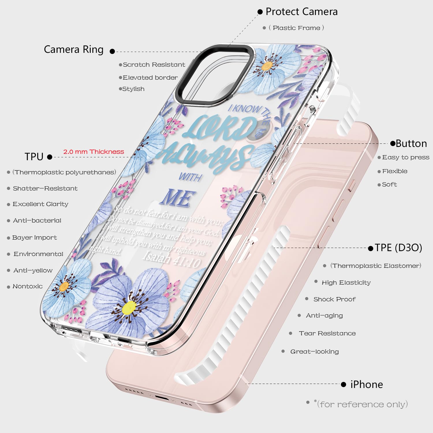 TRFAEE Compatible with iPhone 14 Plus Case,Shockproof Anti-Scratch Clear Transparent TPU Bumper Protective Phone Case Cover Women Cute Floral Bible Verse Quotes Designed for iPhone 14 Plus 6.7 Inch