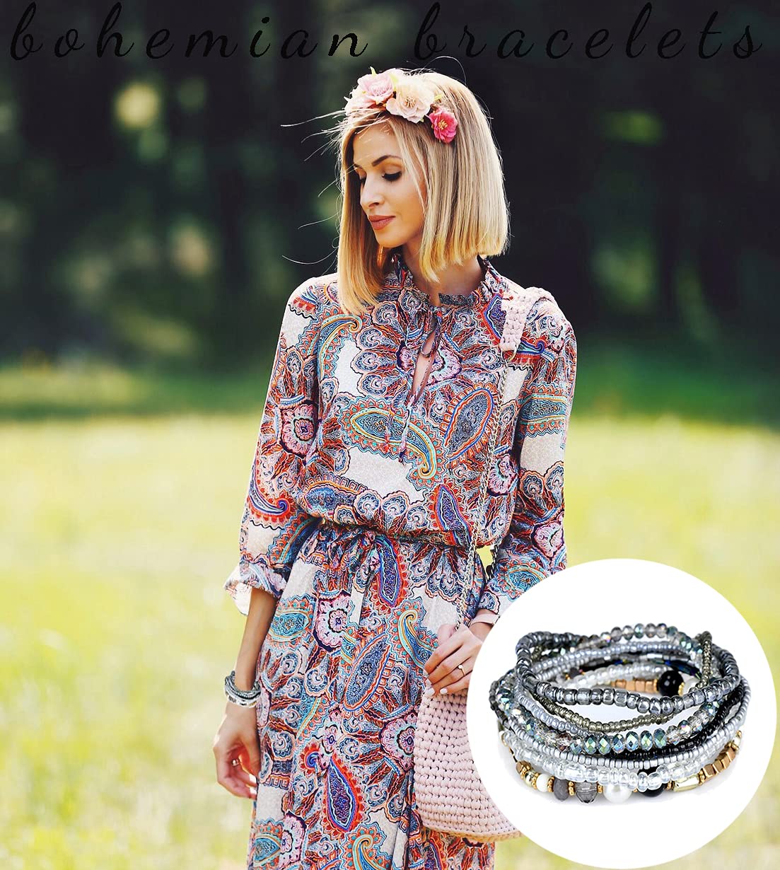 WAINIS 9 Sets Bohemian Stackable Bead Bracelets for Women Stretch Multilayered Bracelet Set Multicolor Jewelry