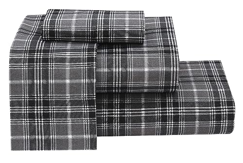 RUVANTI Flannel Sheets Twin Size - 100% Cotton Brushed Flannel Bed Sheet Sets - Deep Pockets 16 Inches (fits up to 18") - All Seasons Breathable & Super Soft - Warm & Cozy - 3 Pcs - Grey Plaid