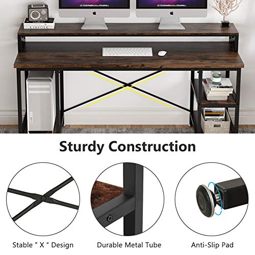 Tribesigns 63 inch Computer Desk with Storage Shelves, Extra Large Industrial Office Desk Computer Table Studying Writing Desk Workstation with Hutch for Home Office (Rustic Brown)