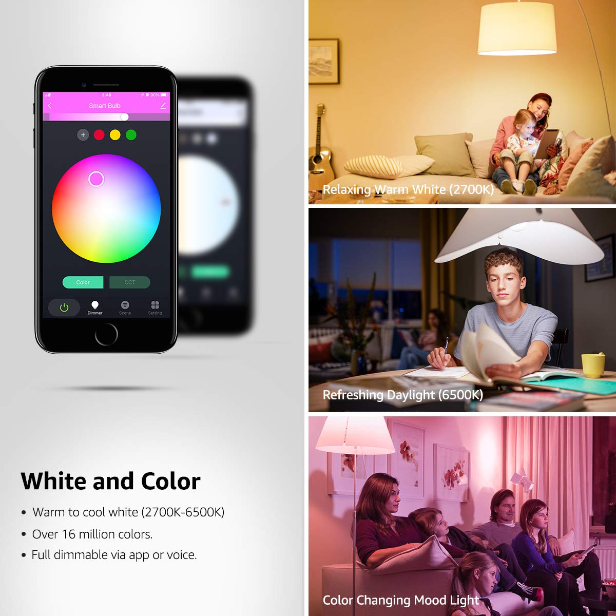 Smart WiFi Light Bulbs, LED Color Changing Lights, Compatible with Alexa & Google Home, Dimmable with App, 60 Watt Equivalent, A19 E26, No Hub Required, 2.4GHz WiFi Only (2 Pack)