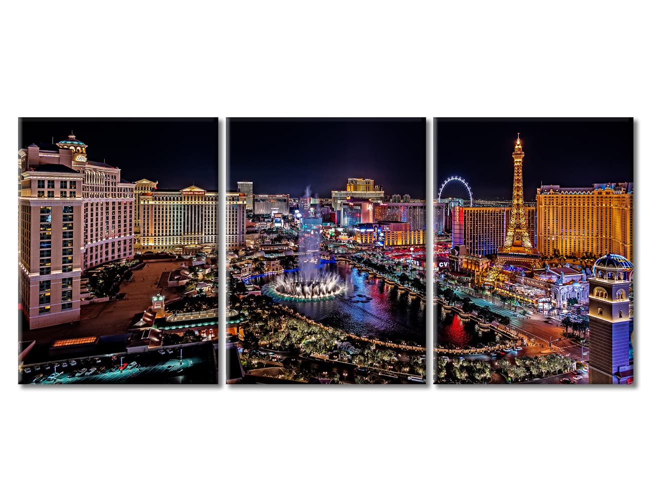 TUMOVO Canvas Painting Las Vegas Nevada Cityscape Wall Art Home Decor for Living Room Prints 3 Pieces Bellagio Casino Night View Poster Pictures Stretched Framed Ready to Hang, 12"x16"x3 Panels
