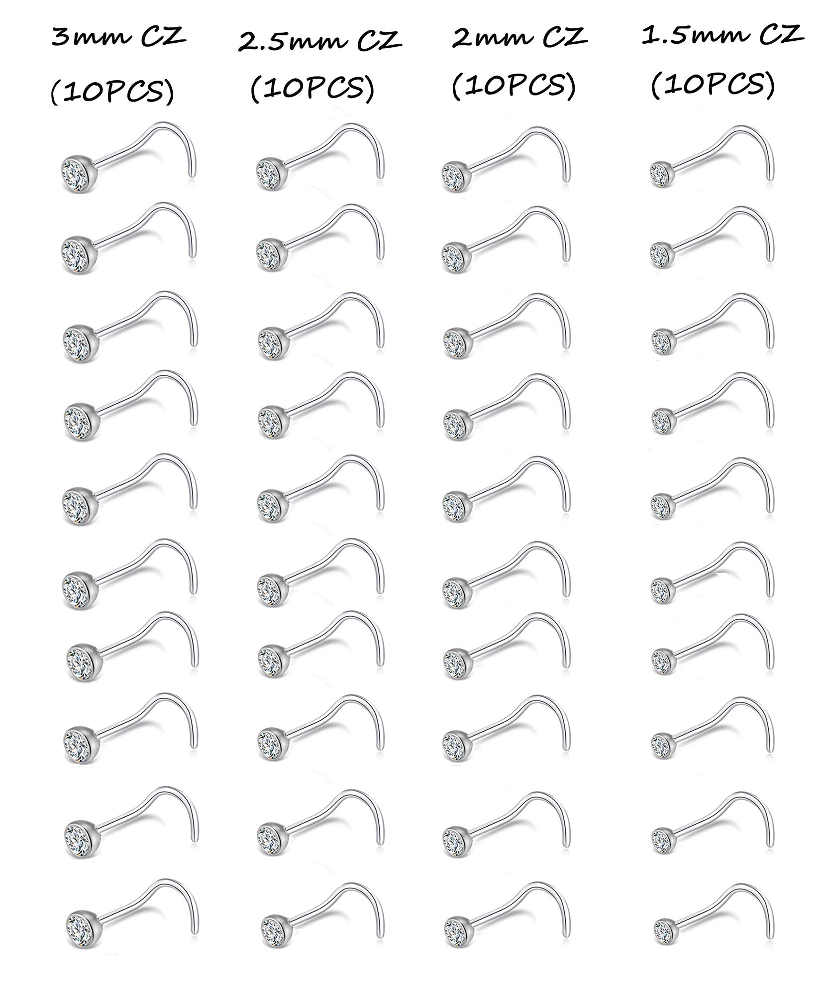 Tornito 20G 40Pcs Stainless Steel Curved Nose Stud Nose Ring CZ L Bone Screw Shaped Nose Screw Piercing Jewelry for Women Men