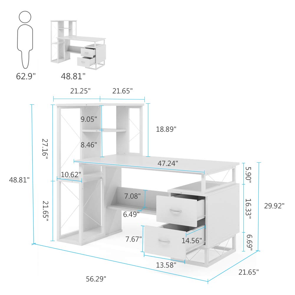 Tribesigns Computer Desk with Drawers, Functional Writing Desk with Corner Tower Shelves Works as Home Office Compact Workstation Desk for Small Space (All White)