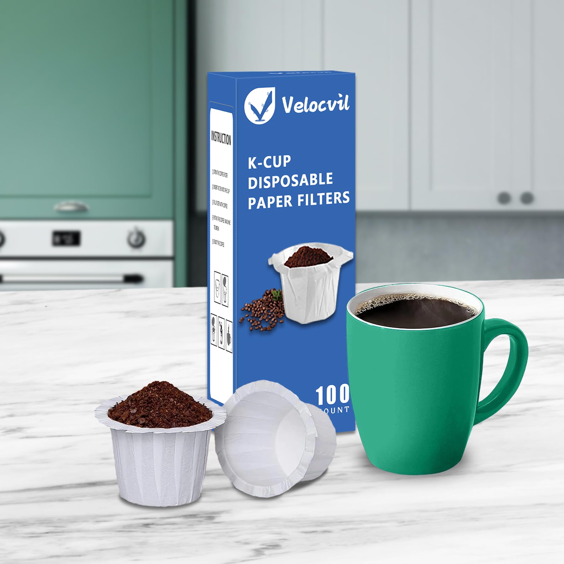 Velocvil Disposable Paper K Cup Filters, 100 Counts Coffee Filters Compatible with All Keurig Brewers Single Serve Reusable Pods