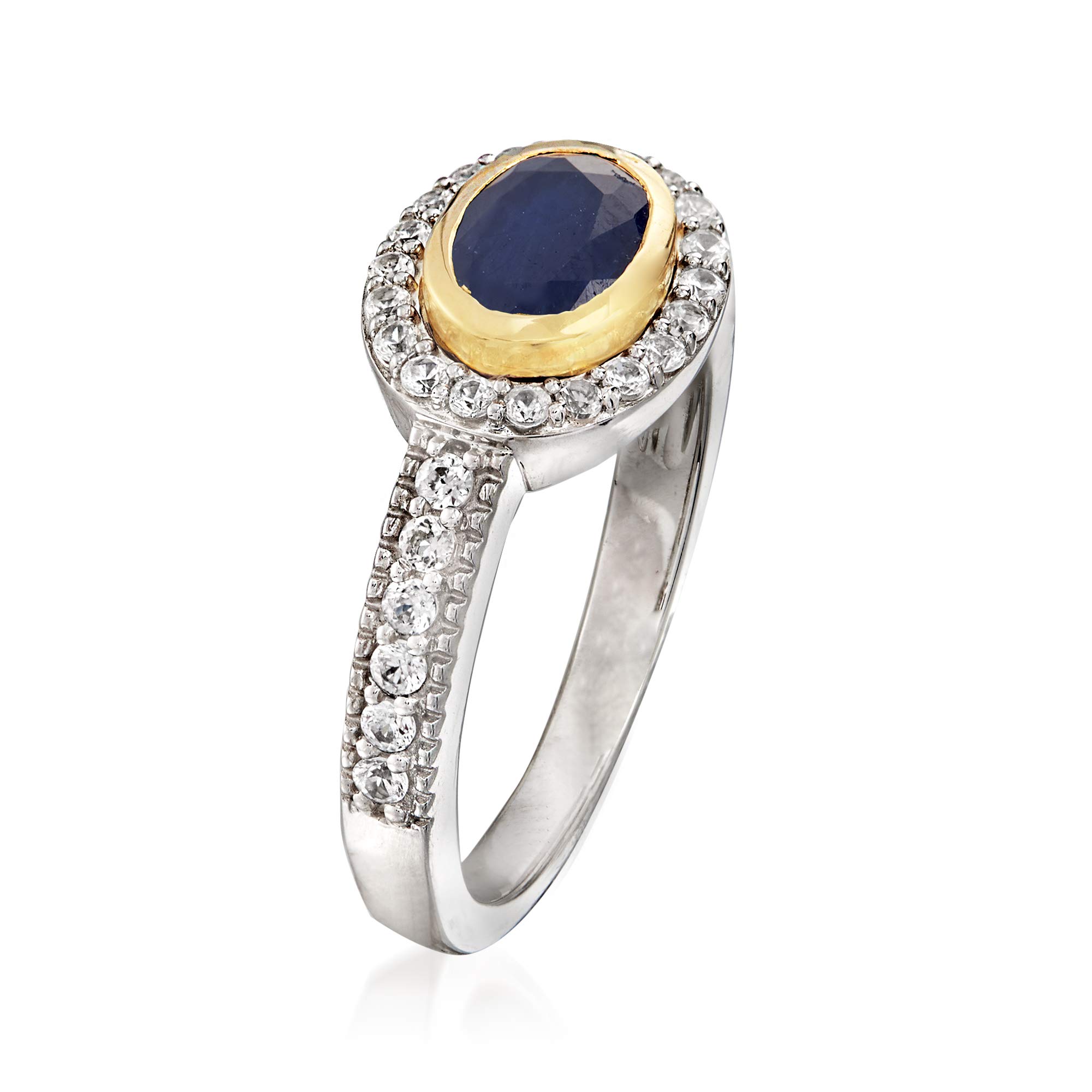 Ross-Simons 1.00 Carat Sapphire and .50 ct. t.w. White Zircon Ring in Sterling Silver With 14kt Yellow Gold. Size 7