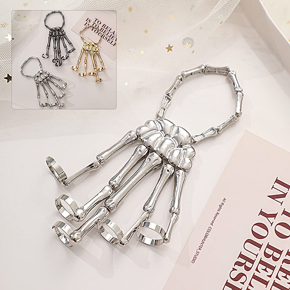 Unique Exaggerate Style Skull Finger Hand Bone Bracelet Punk Handmade Halloween Metal Skeleton Bangle Horror Halloween Goth Ghost Claw Jewelry Ornaments for Women (Antique silver)