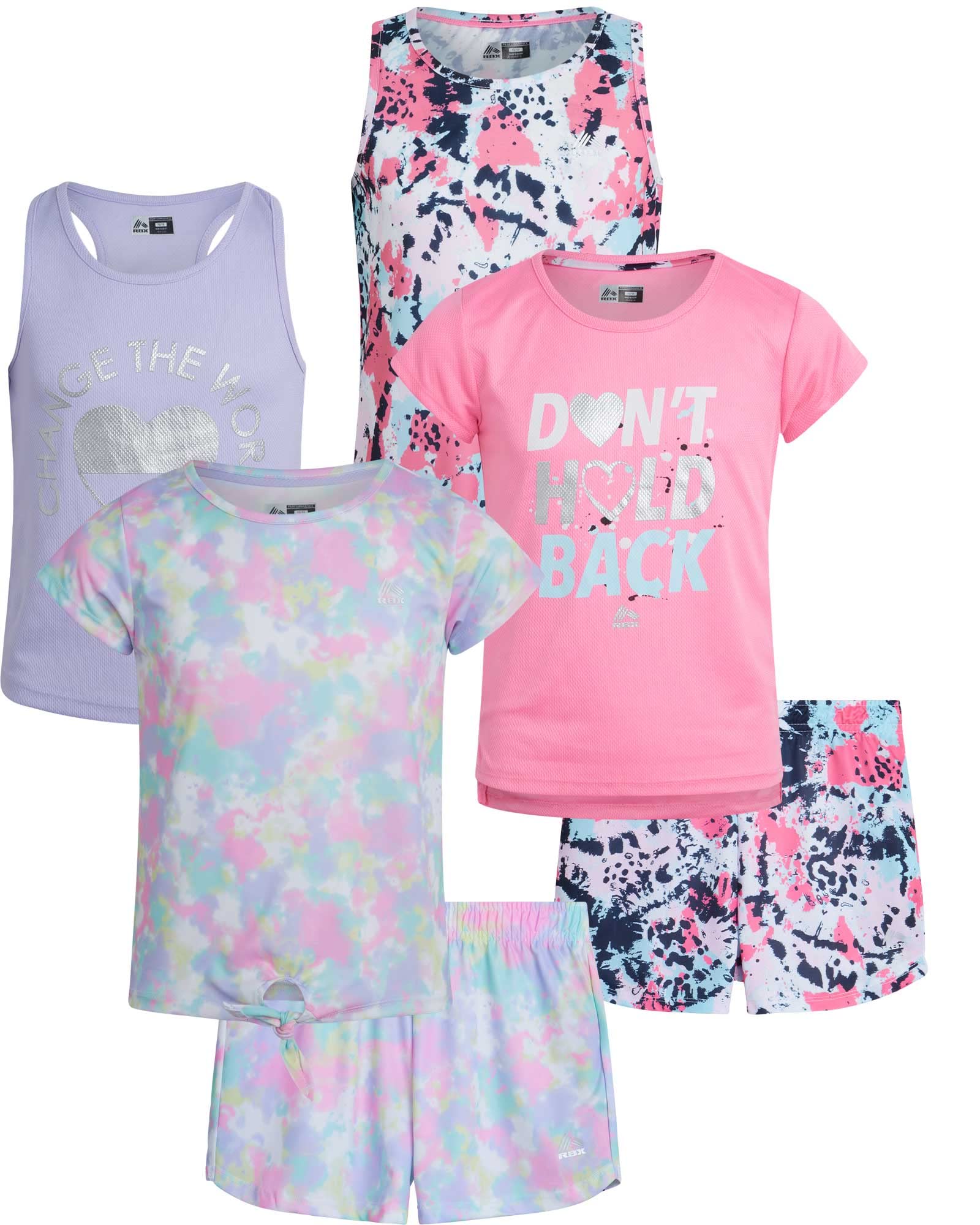 RBX Girls' Shorts Set - 6 Piece Performance T-Shirt, Tank Top, and Dolphin Shorts (4-12), Size 7/8, Pink Shine/White Multi