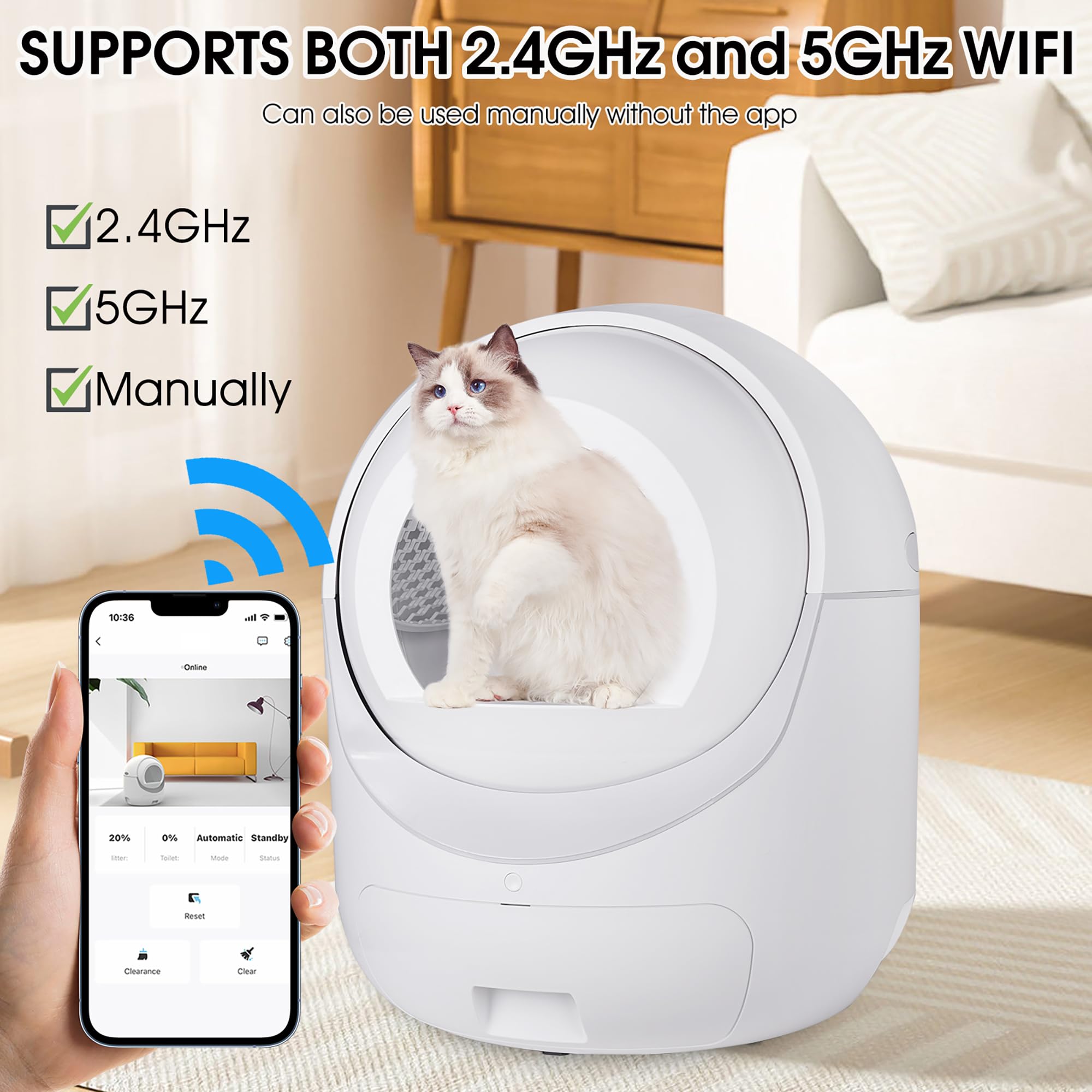 Self-Cleaning Cat Litter Box, New Model Anti-Pinch Automatic Box for Multiple Cats, Safety Large Cat Litter Box, WiFi-2.4G/APP Control, Smart Health Monitor, Easy Clean (White)