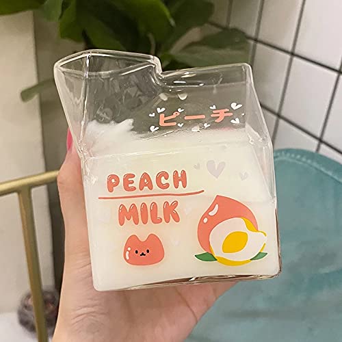 YYSS 380ml Kawaii Milk Glass Cup Creative Square Clear Milk Carton Water Bottle Wholesale Cute Fruit Heat Resistant Breakfast Cups (Peach, 300-400ml)