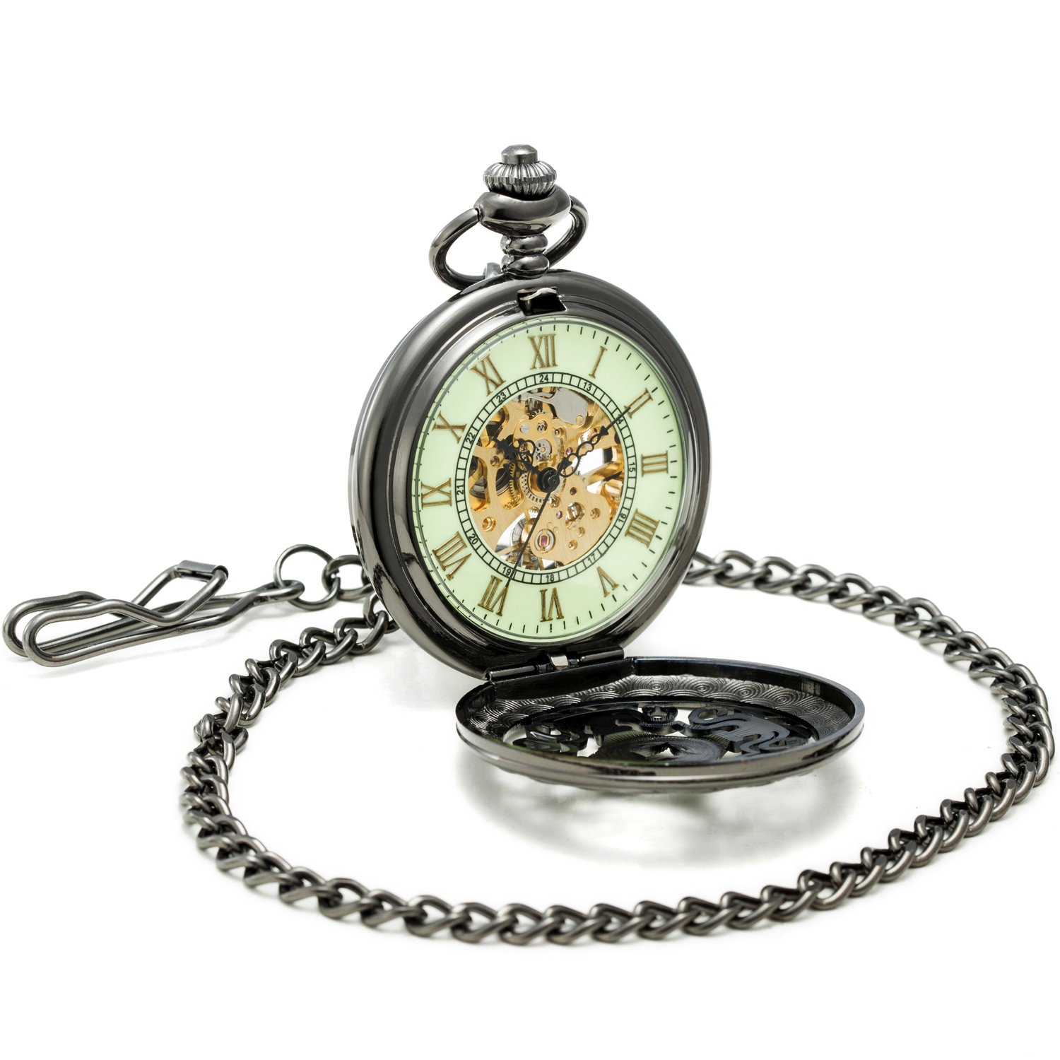 SEWOR Mens Luminous Dial Hand Wind Mechanical Pocket Watch with Brand Leather Gift Box (Stand Up Black) (Green)