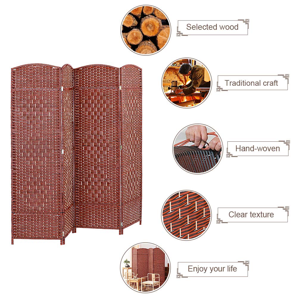 Room Divider, 4 Panel Partition Folding Privacy Screen Standing Woven Rattan Tall Panel Divider for Home Office