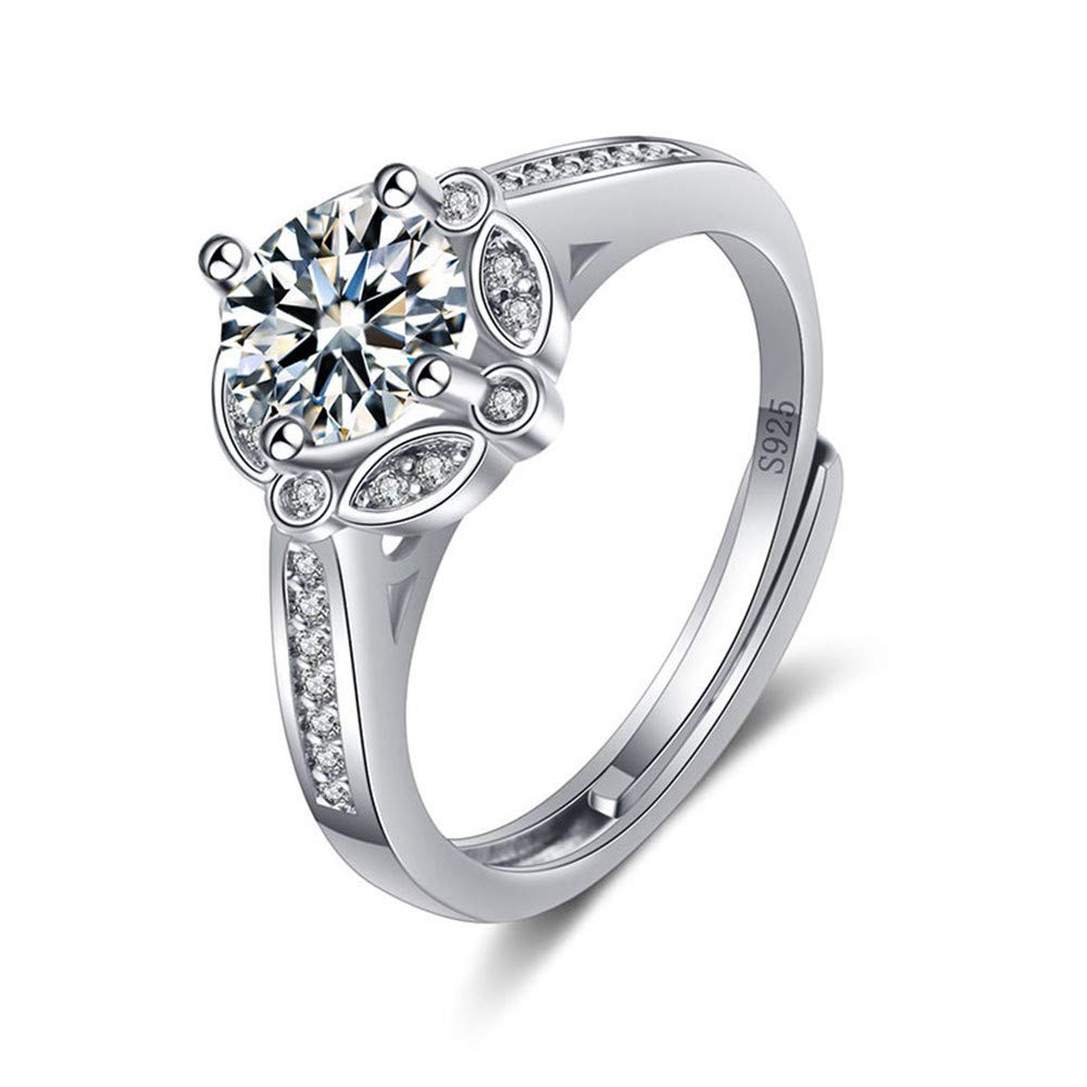 T Brand Platinum Plated Round CZ Solitaire Accent Wedding Promise Ring Flower Design Adjustable Bridal Rings for Women Y1212,Silver