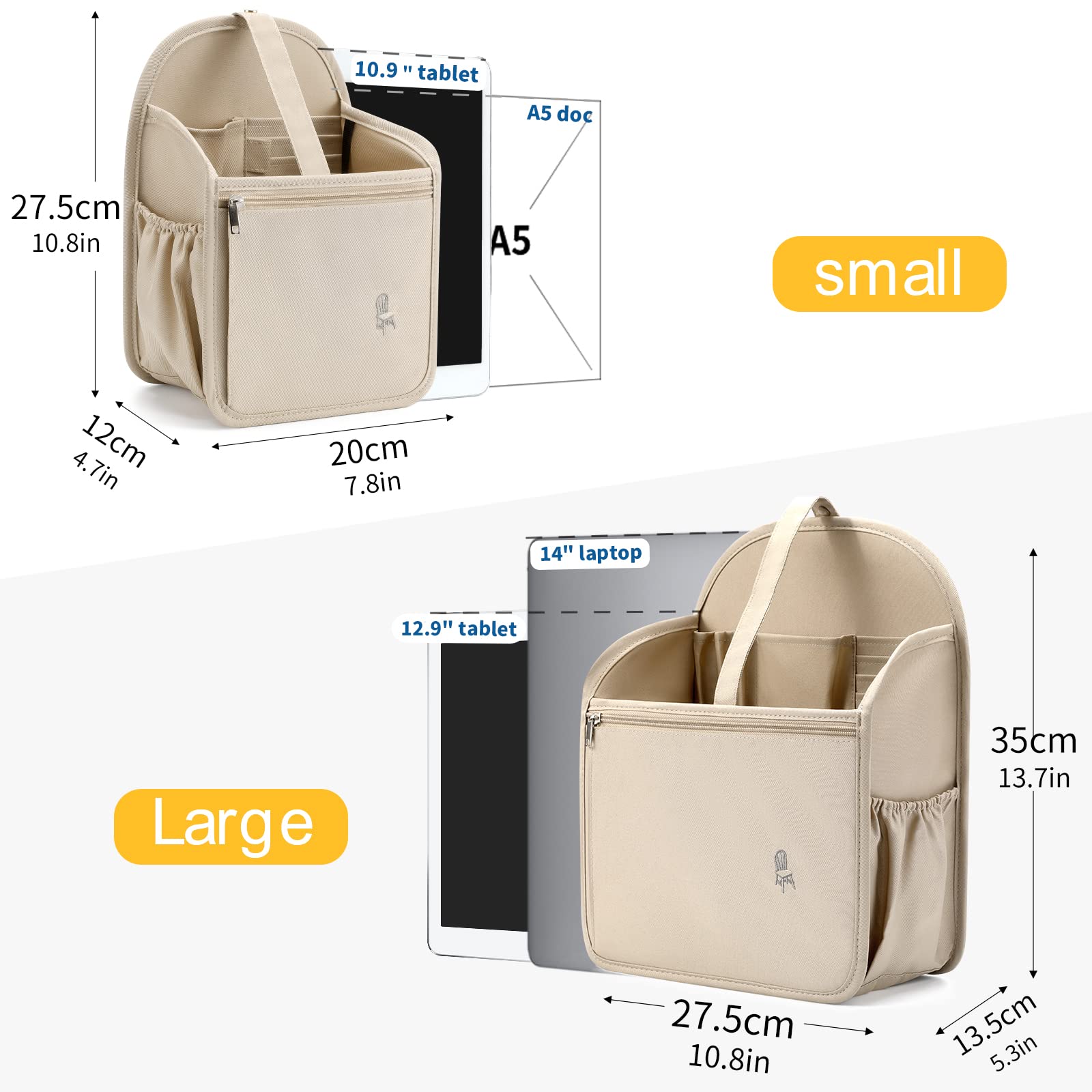 Yoillione Backpack Organizer Insert Small for Women and Men, Beige Backpack Insert Organizer Rucksack Insert with Multi-Pocket