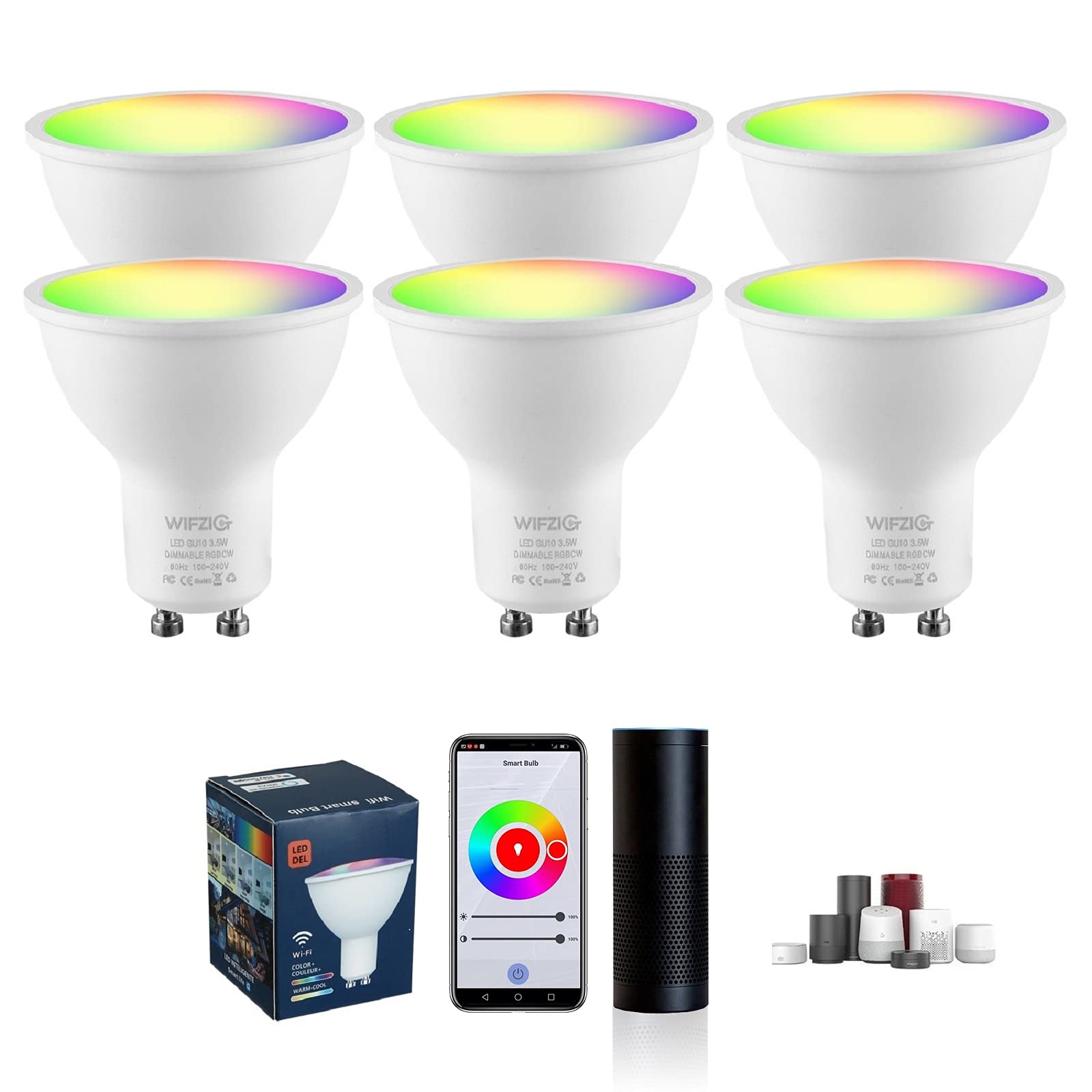 WIFZIG GU10 Smart LED Light Bulbs, RGB+CW Color Change,Compatible with Alexa&Google Assistant, 2700-6500K,Multicolor Track Light Bulb, Dimmable with App 50W Halogen Equiv,No Hub,2.4G WiFi Only(6Pack)