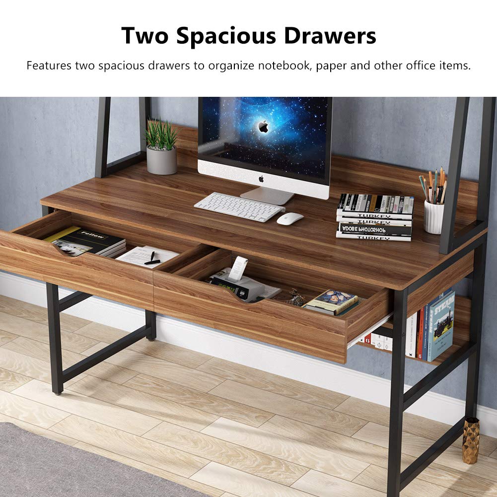 Tribesigns Computer Desk with 2 Drawers and Hutch, Big Home Office Writing Desk with Bookshelf, Craft Desk Workstation Desk (Dark Walnut)