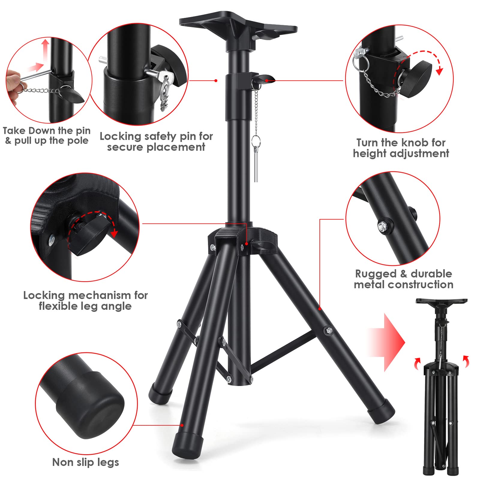 ZEROSUN Speaker Stands Adjustable Extend 30" to 44" PA DJ Short Tripod Stand Mini Speaker Stand Compatible Insert Safety Pin and Knob Tension