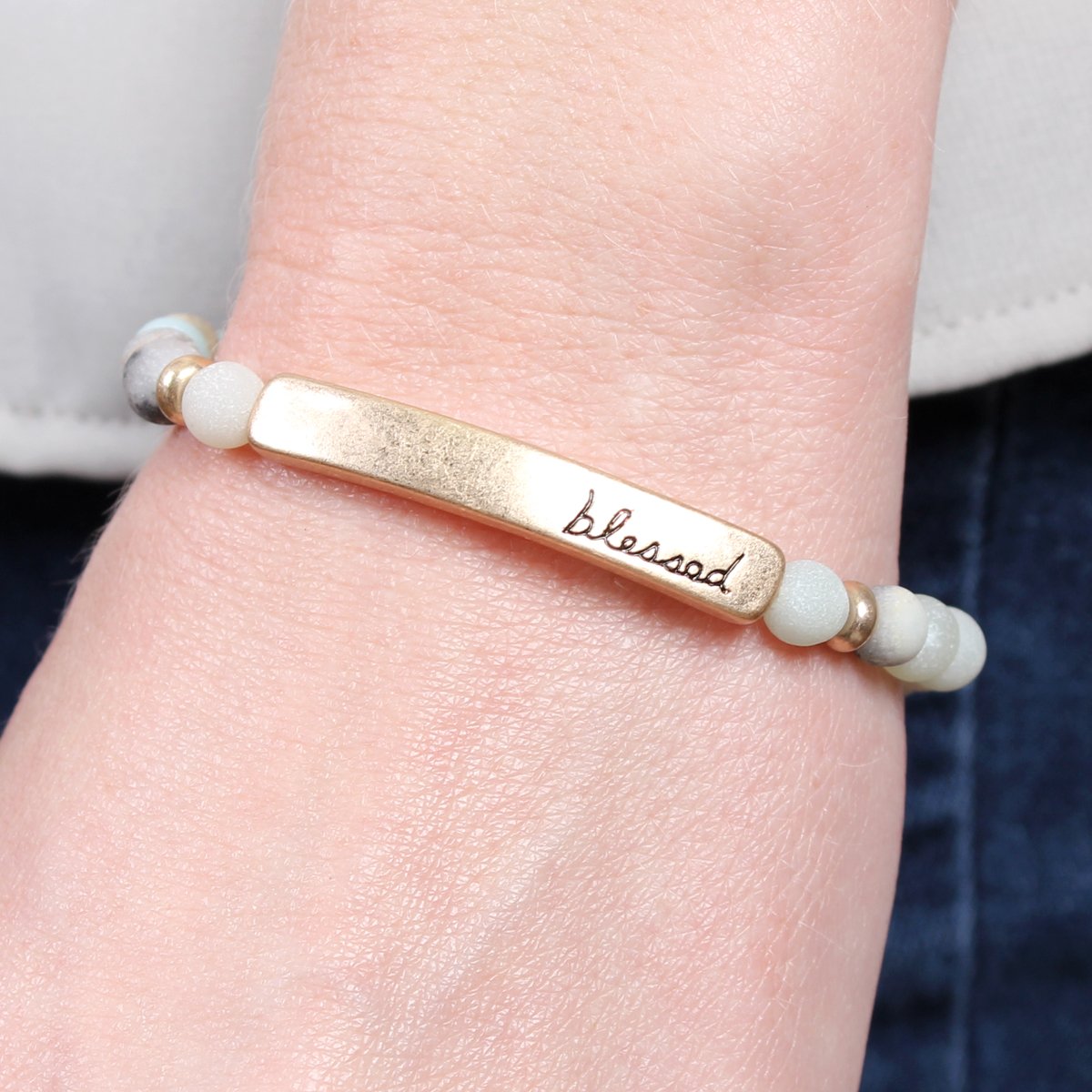 RIAH FASHION Cross Metallic Bar Beaded Stretch Bracelet - Religious Christian Strand Natural Stone, Sparkly Crystal Prayer Cuff Bangle (Blessed - Amazonite)