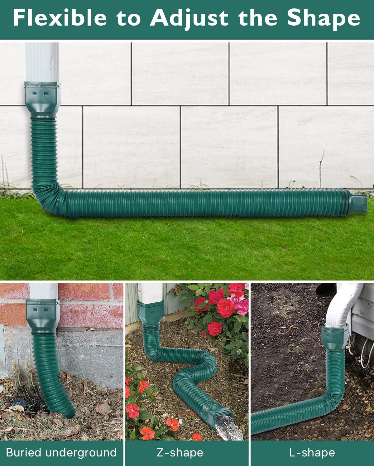 POBOMVOM Rain Gutter Downspout Extensions, 21"-60" Flexible Drain Downspout Extender, Rainwater Drainage Pipe with 4" x 3" and 3" x 2" Connectors, Screws Included (2 Packs, Green)