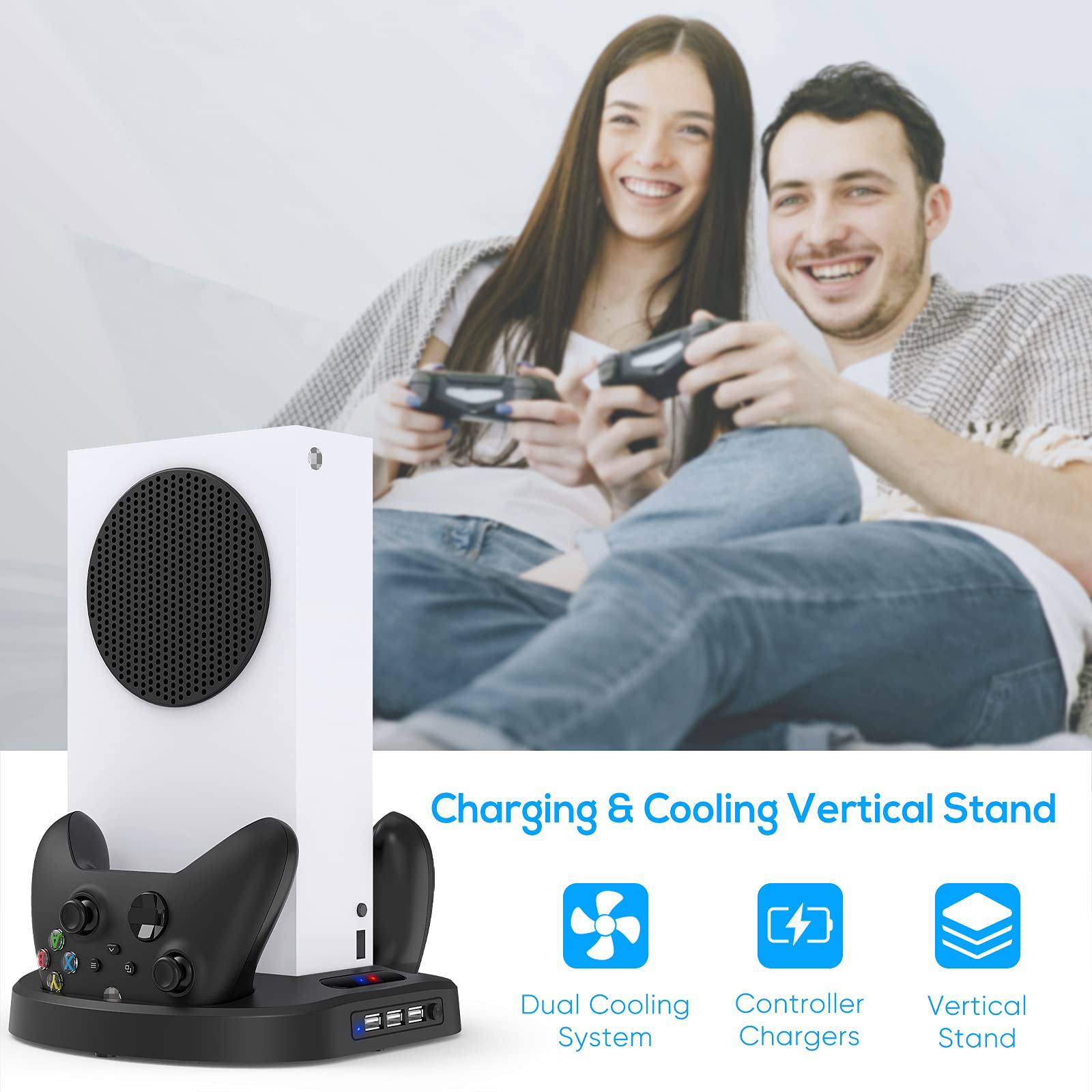 Vertical Charging Stand for Xbox Series S Controllers with Cooling Fan, MENEEA Charger Dock Station with LED Indicator and 3 USB Hubs