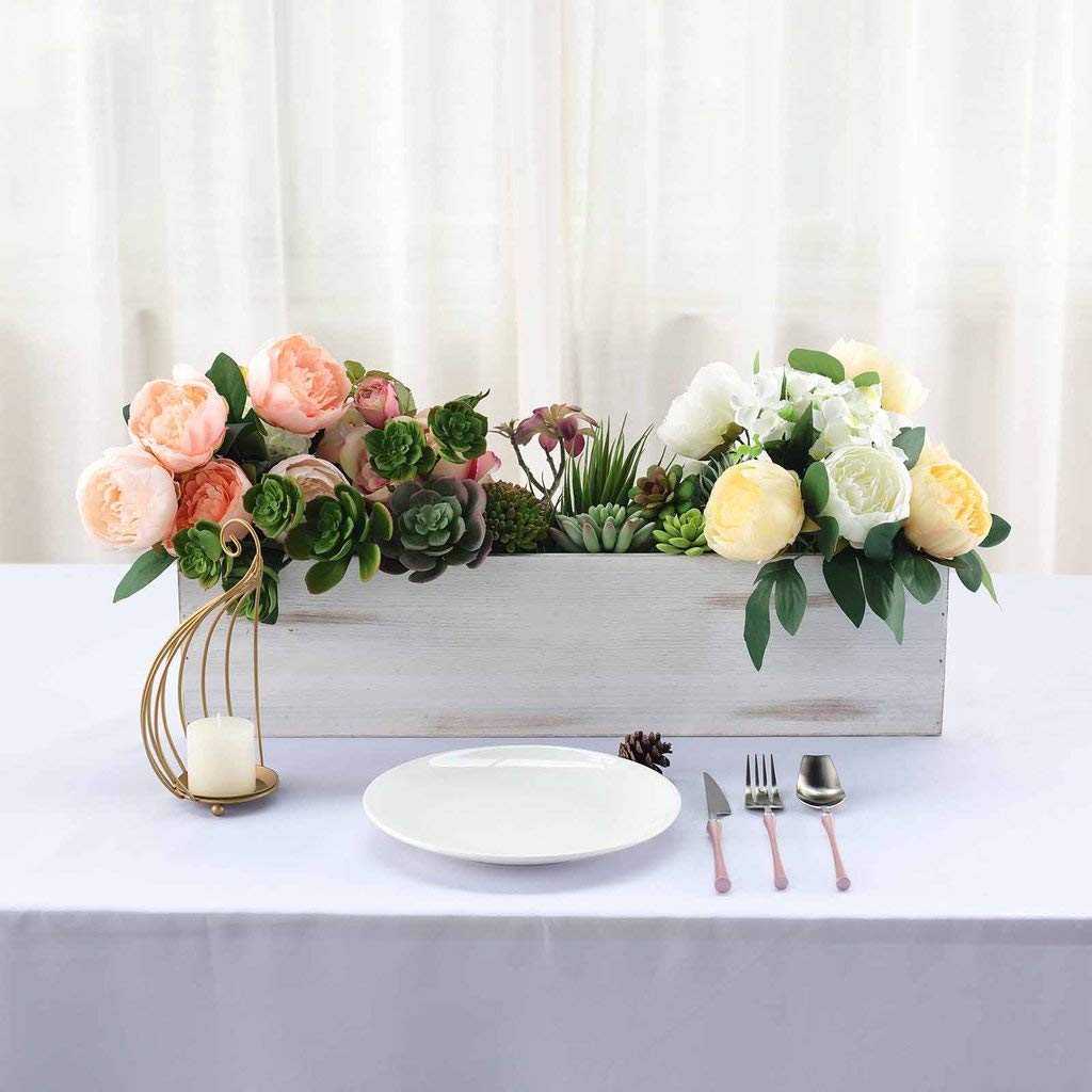 Tableclothsfactory 24x6'' Whitewash Wood Planter Boxes with Plastic Liner DIY Rustic Boxes Rectangle Wood Box for Wedding Party Decoration
