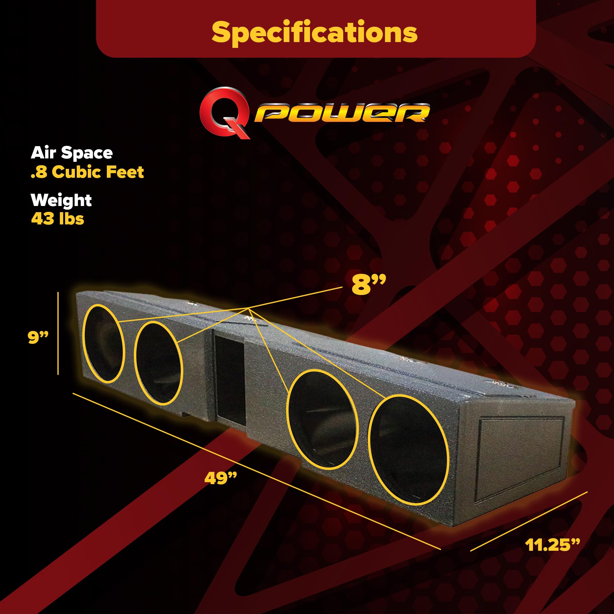 Q Power 8 Inch Quad Port Car Subwoofer Speaker Enclosure Box with Bed Liner and Underseat Down Front Fire for 4 Subwoofers, Black