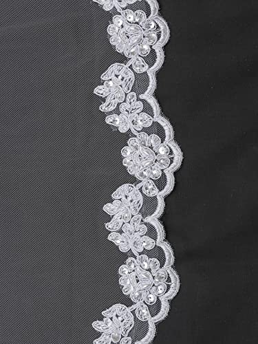 SAMKY 1T 1 Tier Floral Scallop Embroided Lace Pearl Veil - White Fingertip Length 36" V470