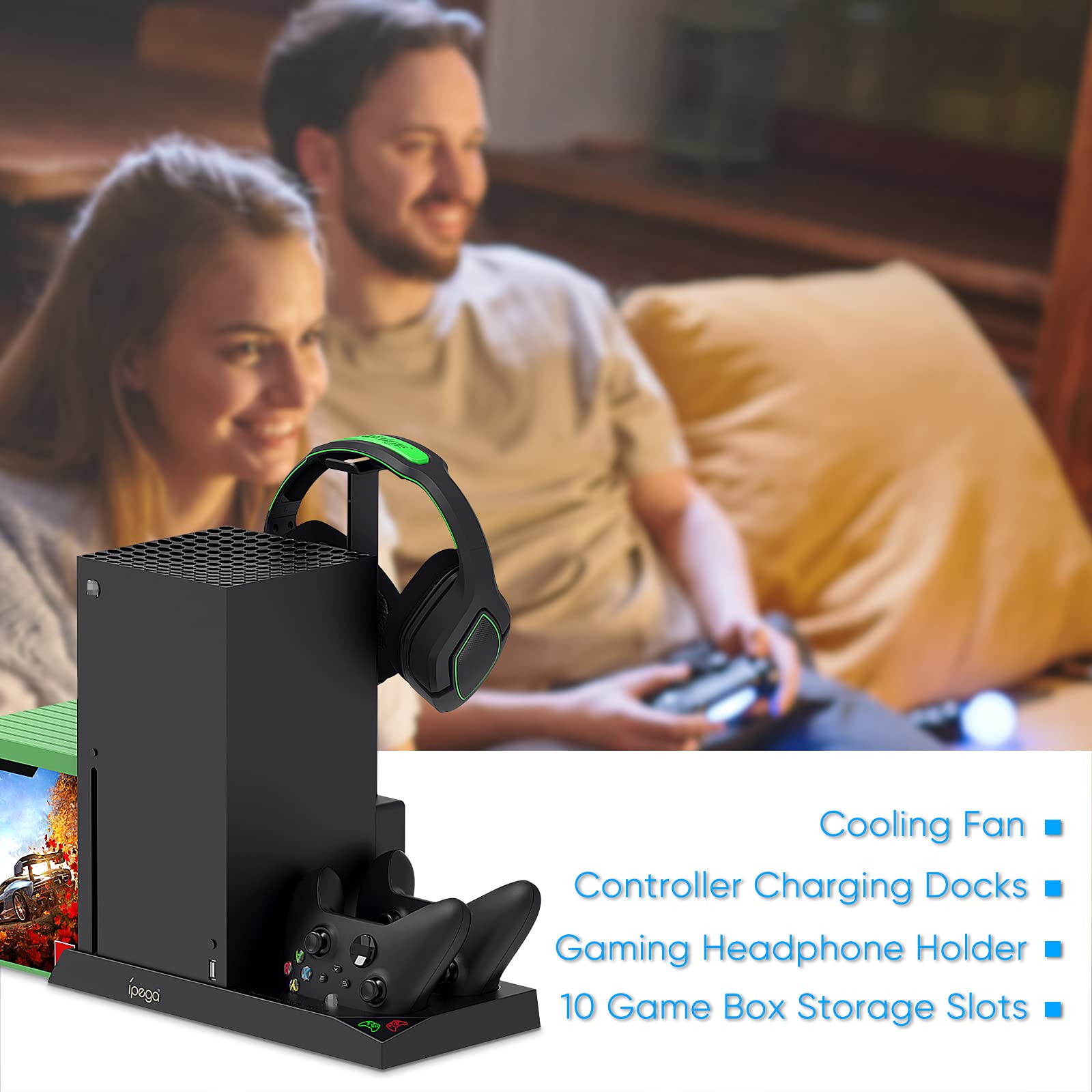 Vertical Cooling Stand for Xbox Series X, Dual Controller Charging Dock Station for Xbox Series X Cooler Cooling Fan with 2 Pack 1400mAh Rechargeable Batteries, 10 Games Storage and Headset Stand