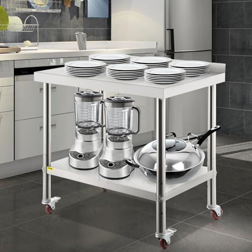 VEVOR Stainless Steel Prep Table, 30 x 24 x 35 Inch, 440lbs Load Capacity Heavy Duty Metal Worktable with Backsplash Adjustable Undershelf & 4 Casters, Commercial Workstation for Kitchen Restaurant