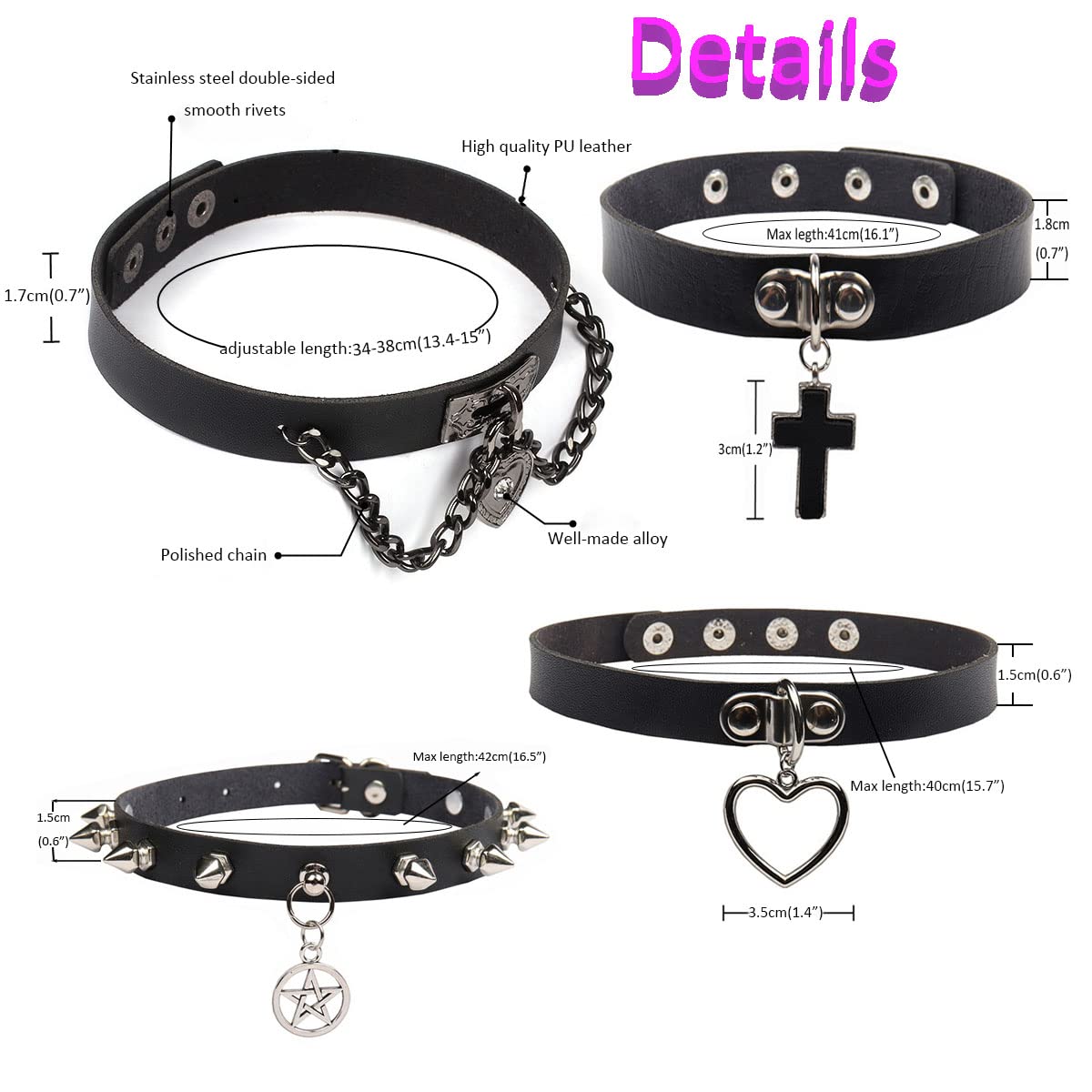 yomlry 4Pcs Black Goth Choker for Women Leather Gothic Spiked Choker Set Adjustable Punk Leather Choker Collar for Women Men set