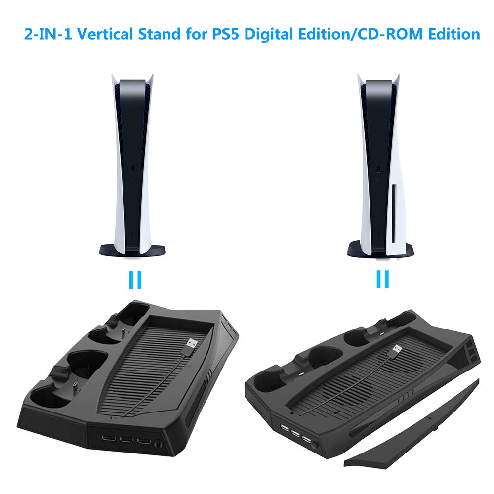 Vertical Stand for Playstation 5 with 2 Cooling Fan, 2 Charging Station for PS5 Digital Edition/CD-ROM Edition Console with Controller Charger 3 USB Ports for Sony PS5 and DualSense