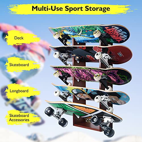 Sunix Skateboard Wall Mount Display Rack, Wooden Skateboard Wall Rack with Five-Layer for Deck, Longboard, Snowboard, Skateboard Accessories for Home or Garage | Space-Saving Storage