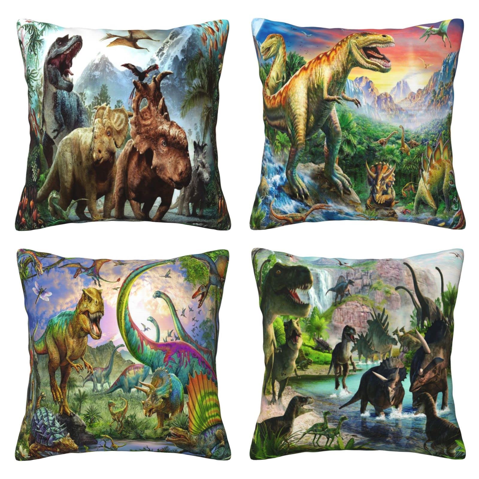 pop-belief 4PCS Square Throw Pillow Covers,18"x18" Dinosaur Group in The Primeval Forest Decorative Cushion Covers Case for Bed Sofa Couch Home Decor