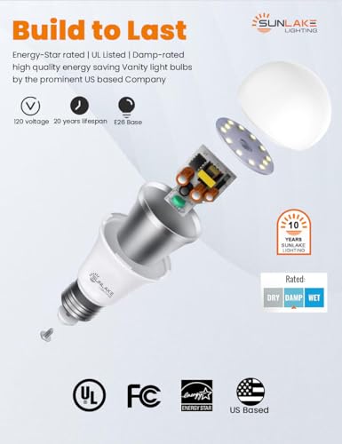 SunLake 12 Pack G25 Vanity Globe Light Bulbs 5 Watt (40 Watt Equivalent) Dimmable, 5000K Daylight LED, Eye Friendly 450 LUMENS, E26 Base, Ideal for Bathroom Makeup Mirror Droplight, Floor lamp