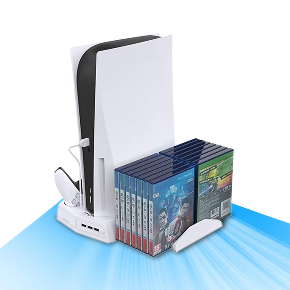 Vertical Stand for Playstation 5 with Cooling Fan Charging Station for PS5 Digital/CD-ROM Edition Console with 14 Game Storage Organizer 3 USB Port for PS5 and DualSense (White)