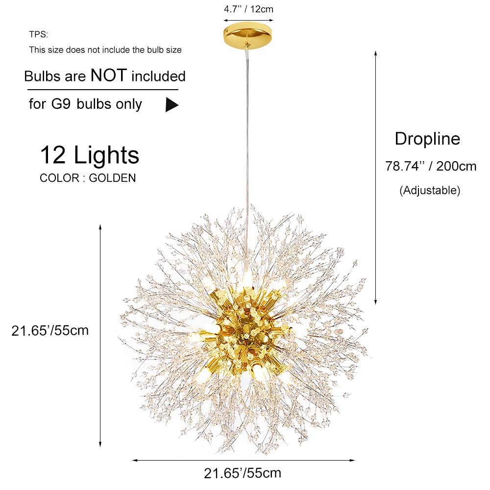 Qamra Modern Crystal Gold Chandeliers, Firework Dandelion Sputnik Chandelier Light Fixture Pendant Lighting for Dining Room, Bedroom, Kitchen, Living Room(12-Light, Gold)