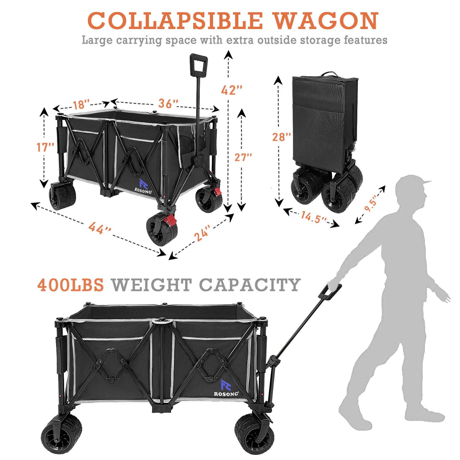 ROSONG Collapsible Heavy Duty π±π¬π¬ πππ¦ Capacity Wagon Cart with Big Wheels, Foldable Folding Cart Utility Lounge Beach Wagons Carts for Sand