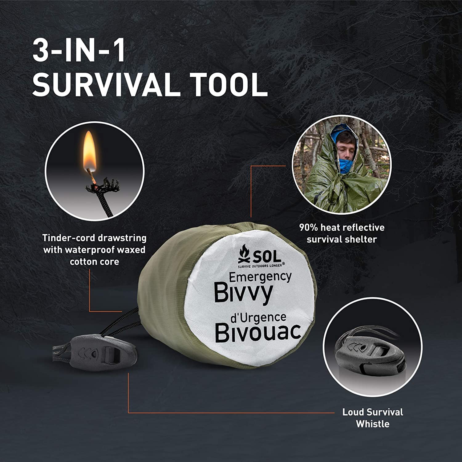 Survive Outdoors Longer 90% Emergency Bivvy - Comes with Survival Whistle & Tinder Paracord Drawstring - Add to Emergency Kit & Hiking Gear - Waterproof, Windproof & Tear-Resistant - 3.8 oz, Green