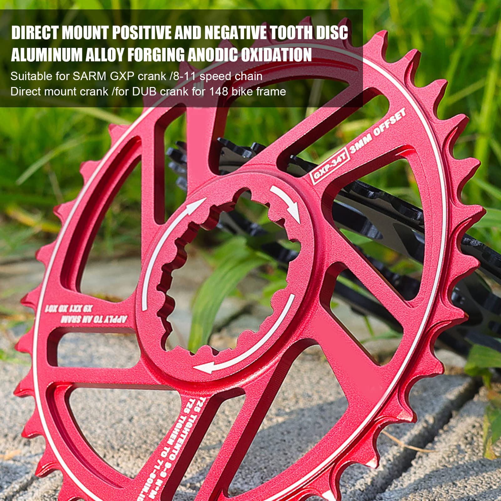 VGEBY Mountain Bike Chainring, 34T Oval Chainring Positive Negative Tooth 3mm Offset Fit for SRAM Direct Mount Chain Ring(red) Direct Mount Chainring