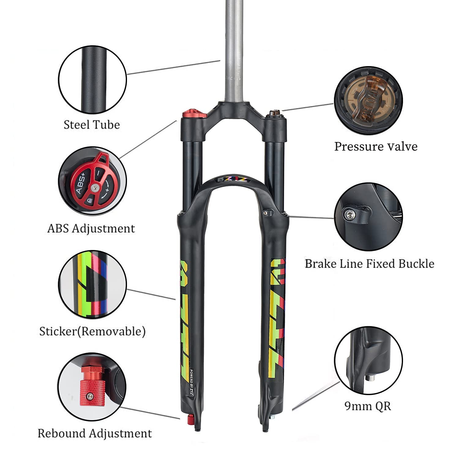 ZTZ MTB Fork Mountain Bicycle Suspension Forks, 26/27.5/29 inch MTB Bike Front Fork with Rebound Adjustment, 100mm Travel 28.6mm QR 9mm (27.5“)