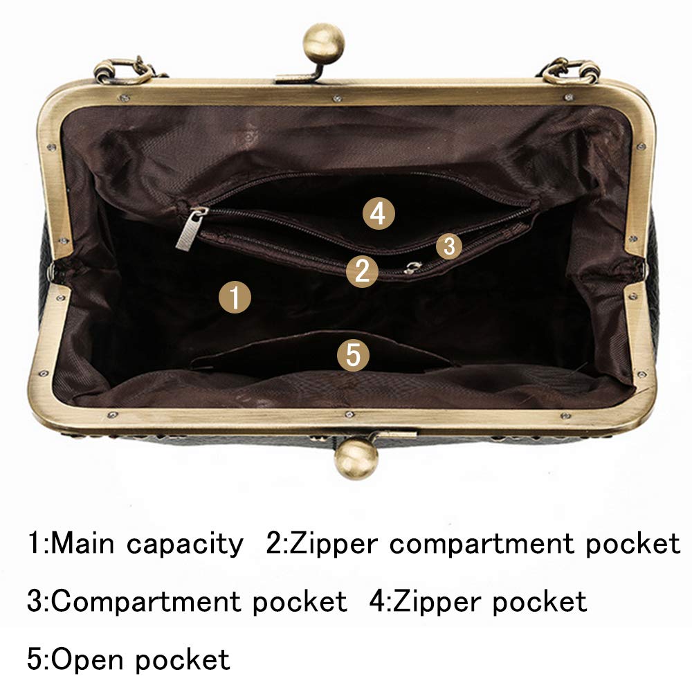 Segater Women Small Retro Kiss Lock Handbag and Purses PU Leather Hollow Tote Shoulder Bag Satchels with Chain Black