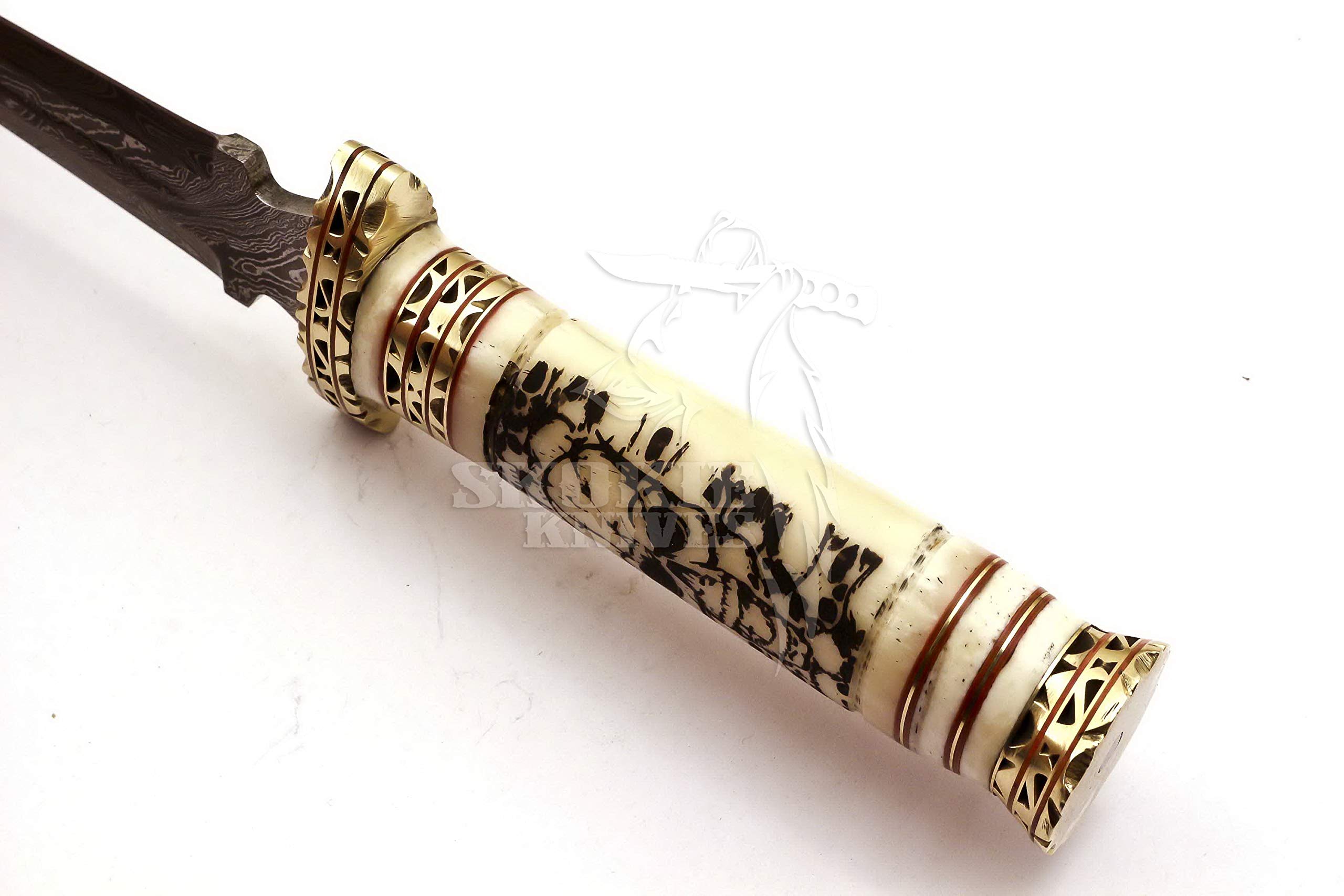 Skokie Knives Custom Hand Made Damascus Steel Hunting Dagger Knife Handle Camel Bone with Scrimshaw