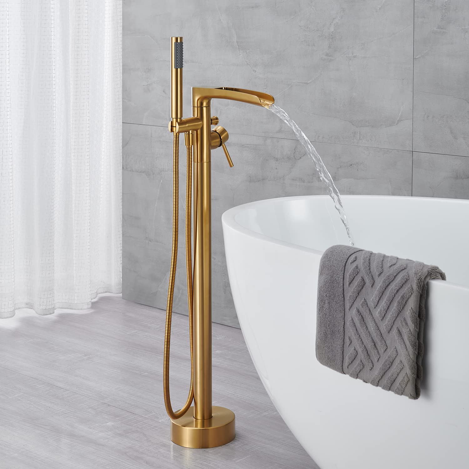 Qinkell Freestanding Tub Faucet Waterfall Bathtub Filler Brushed Gold Floor Mount Brass Bathroom Faucets with Hand Shower