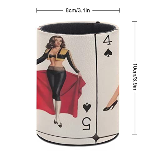 Poker Pinup Girls Pen Holder PU Leather Pencil Cup Cute Desk Organizer Makeup Brush Box for Home Office