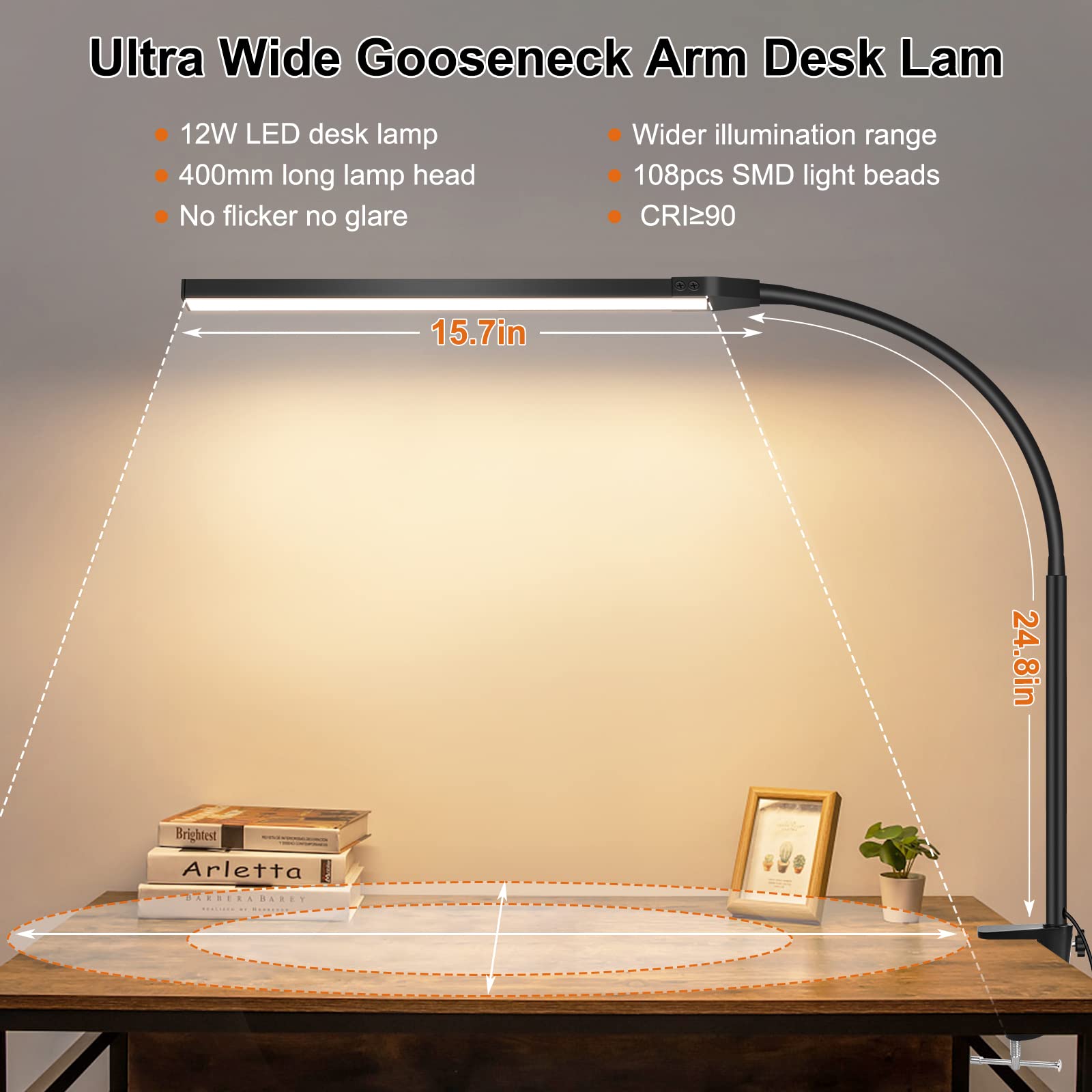 Touch Control LED Desk Lamp, 2-in-1 Gooseneck Clamp on Lamp, Desk Lamp for Home Office, 3 Modes Stepless Dimmable Workbench Light for Painting Reading Working Study Dorms Nightlight