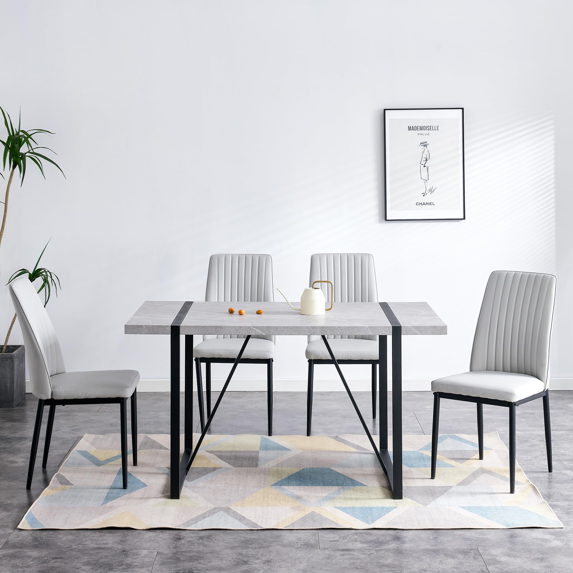 Pvillez 55.1" Modern Dining Table Set for 4, Rectangular Kitchen Table and Chairs Set for 4, Wooden Dining Table with 4pcs Upholstered Dining Chairs, 5 Piece Dining Room Table Set