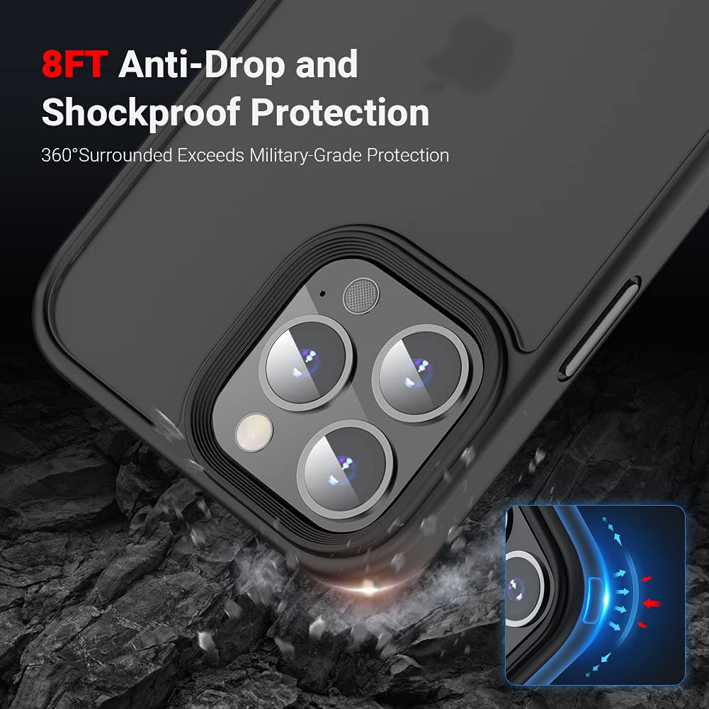 yootech Shockproof Compatible with iPhone 13 Pro Max Case 6.7 inch DIY Button Colors, Translucent Matte Hard PC Back & Soft Silicone Edges Slim Phone Case (Black)